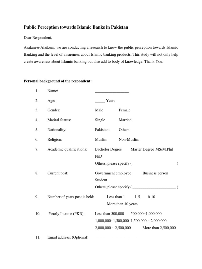 Questionnaire | PDF | Islamic Banking And Finance | Banks