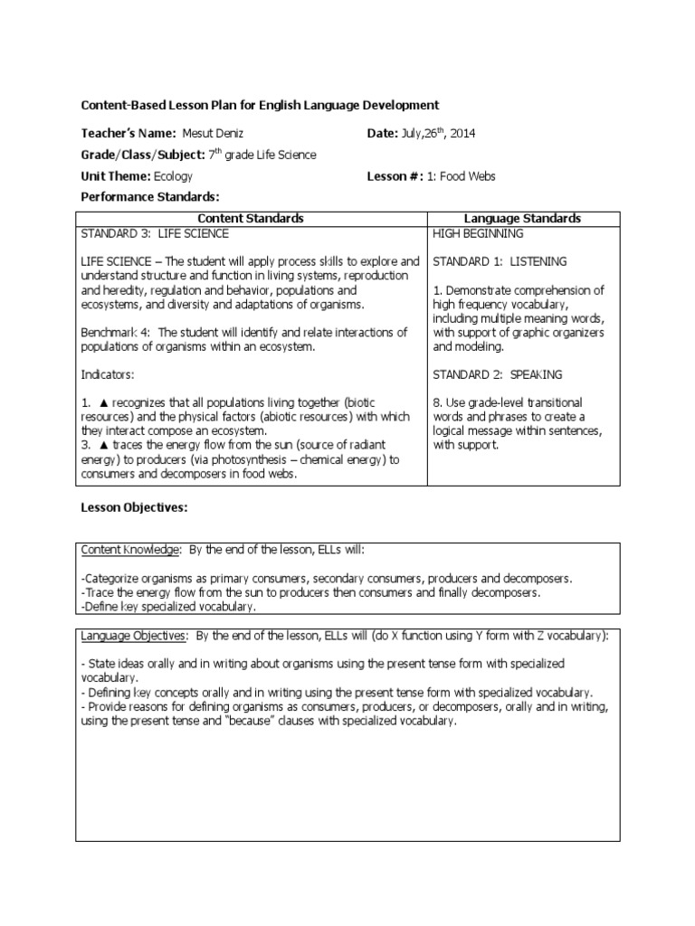 Content Based Lesson Plan For English Language Development | PDF ...