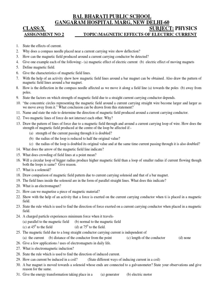 CBSE Class 10 Physics Worksheet | Magnetic Field | Electric Current