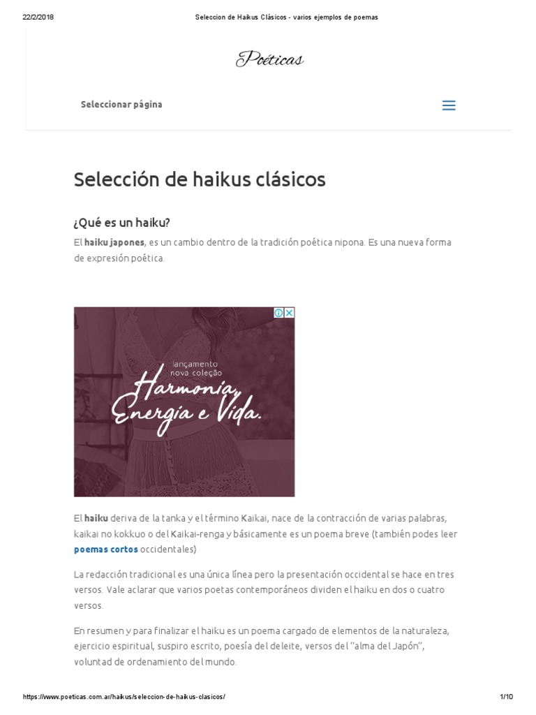 Seleccion de Haikus Clásicos - Varios Ejemplos de Poemas | PDF | Haiku ...