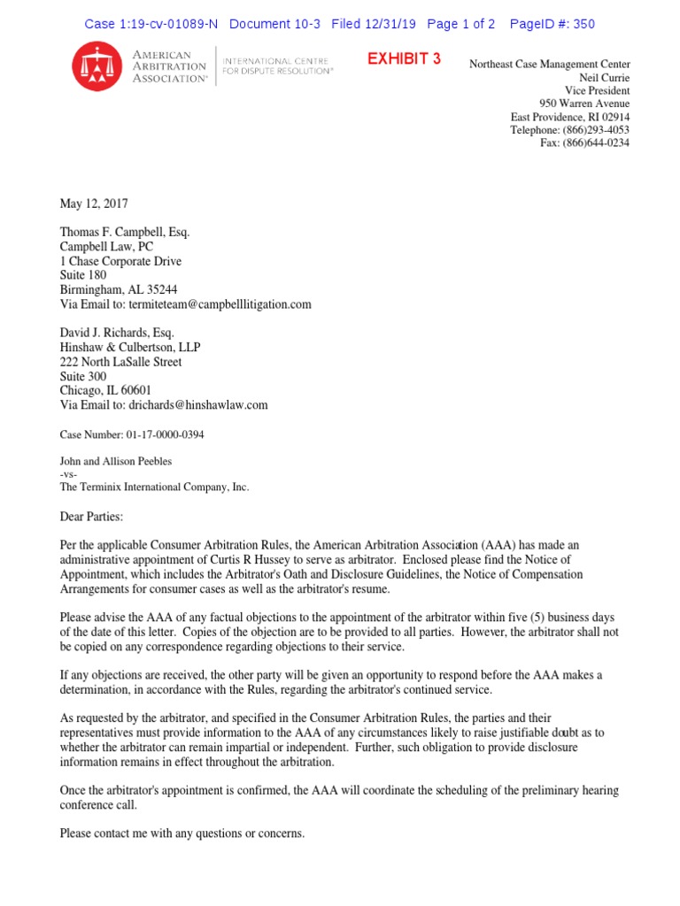 10-3 AAA Letter To Terminix | PDF | Arbitration | Discovery (Law)