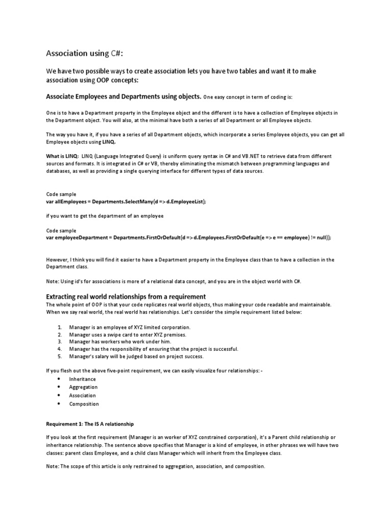 Association Using C# and Other OO Concepts | PDF | Language Integrated Query | C Sharp ...