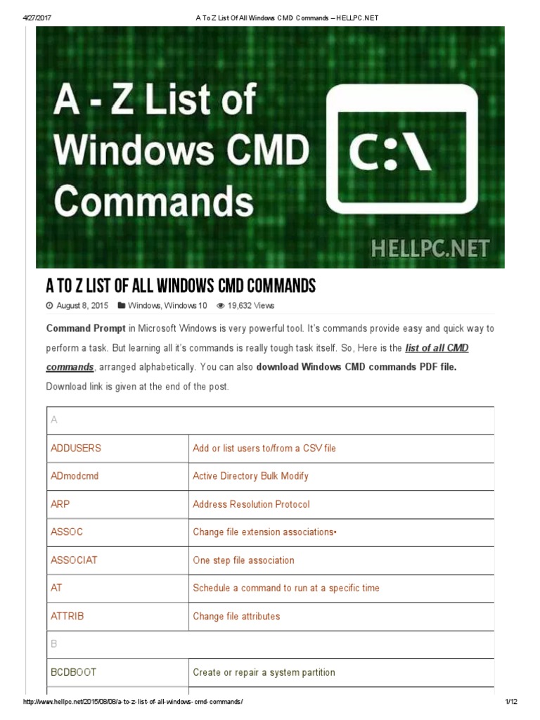 A To Z List of All Windows CMD Commands - HELLPC | PDF | Windows ...