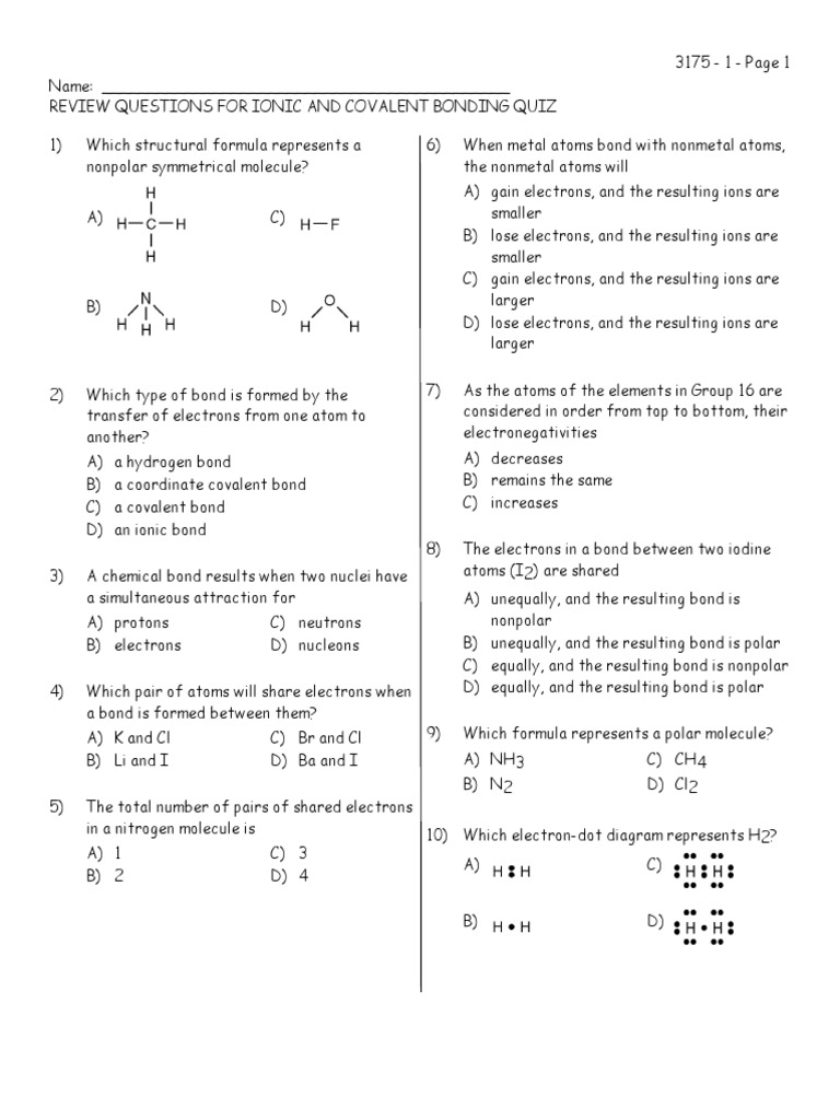 Ionic and Covalent Bond Quiz Prep | PDF | Chemical Polarity | Covalent Bond