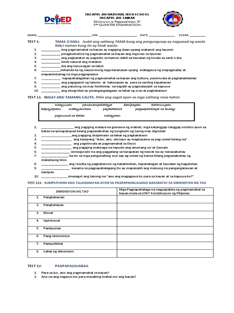 Esp 10 Q 3 Exam | PDF