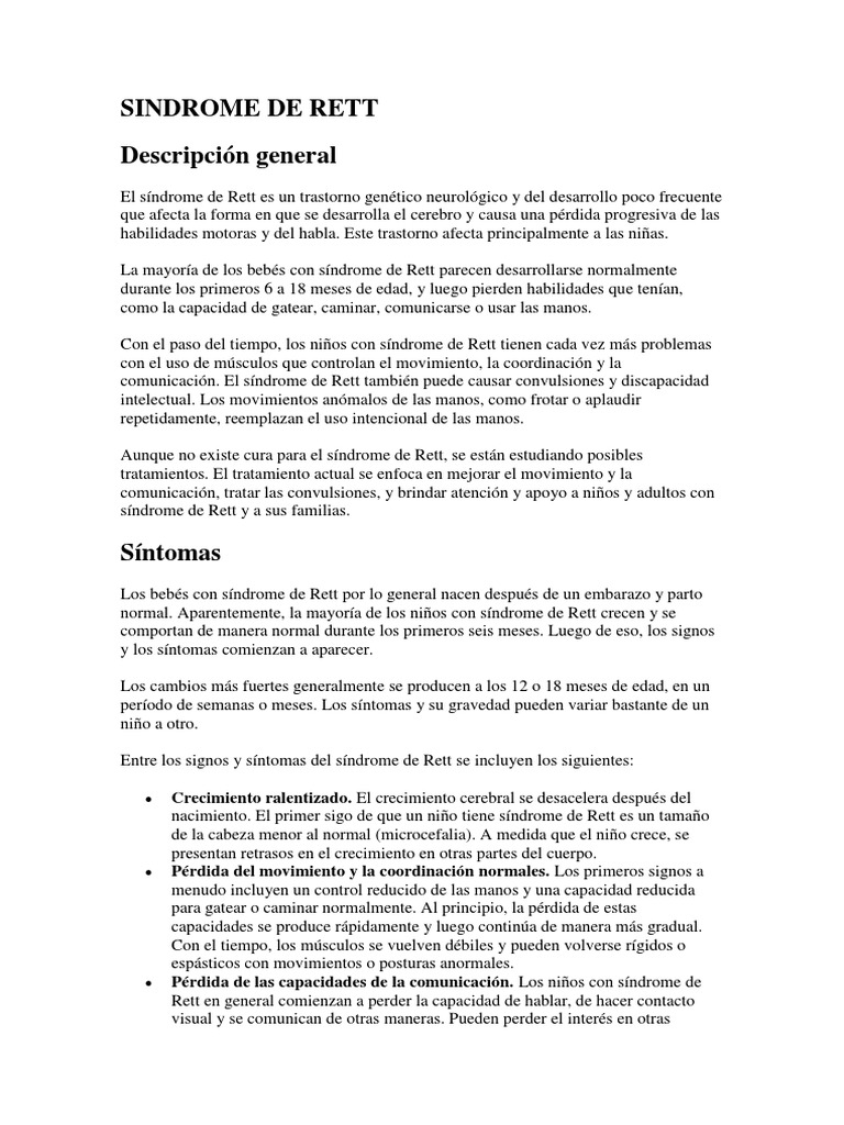 Sindrome de Rett | PDF | Discapacidad intelectual | Parálisis cerebral