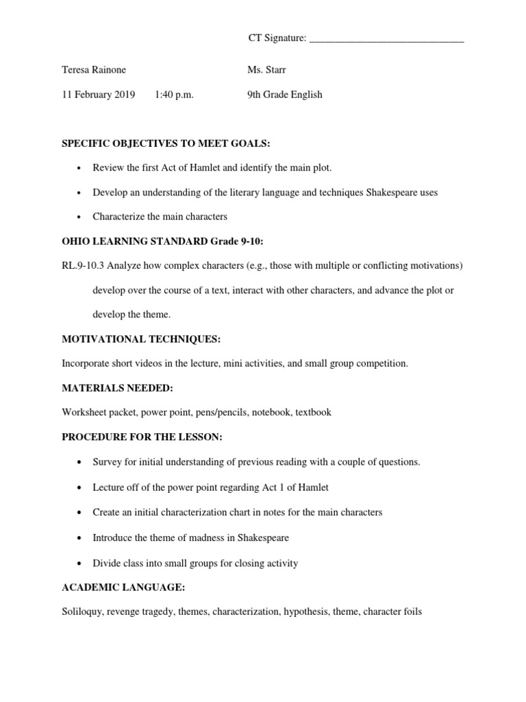 Hamlet Act 1 Lesson Plan Overview | PDF | Lecture | Lesson Plan