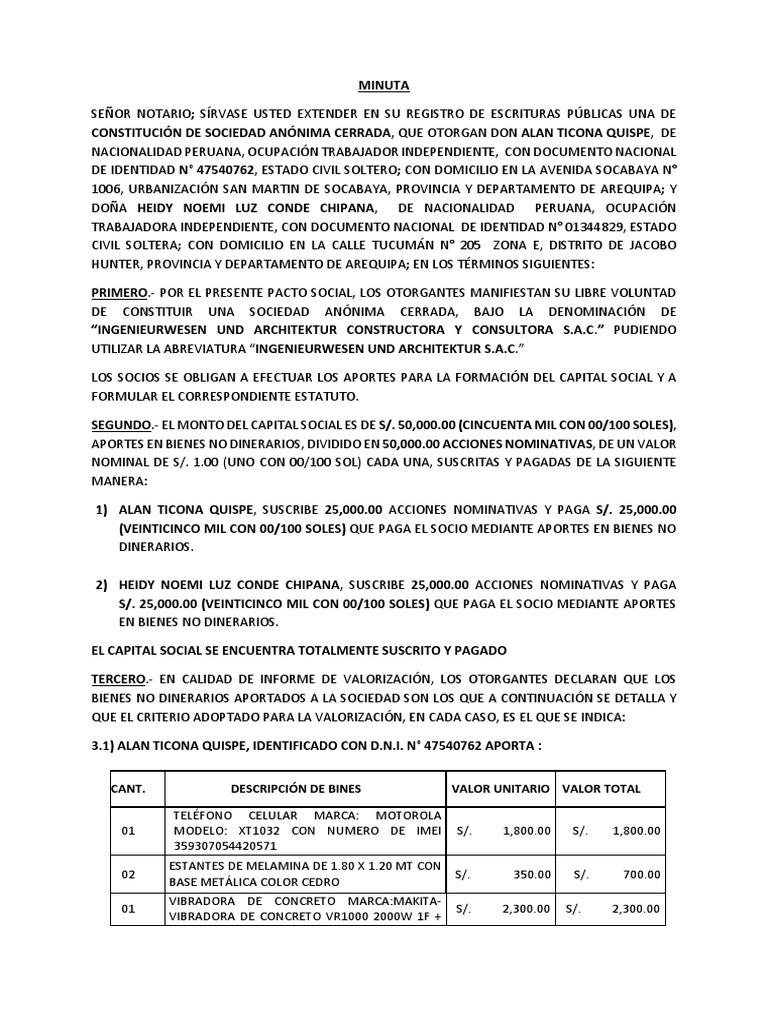 Minuta de Constitución de Sociedad Anonima Cerrada | PDF | Saneamiento | Electrónica