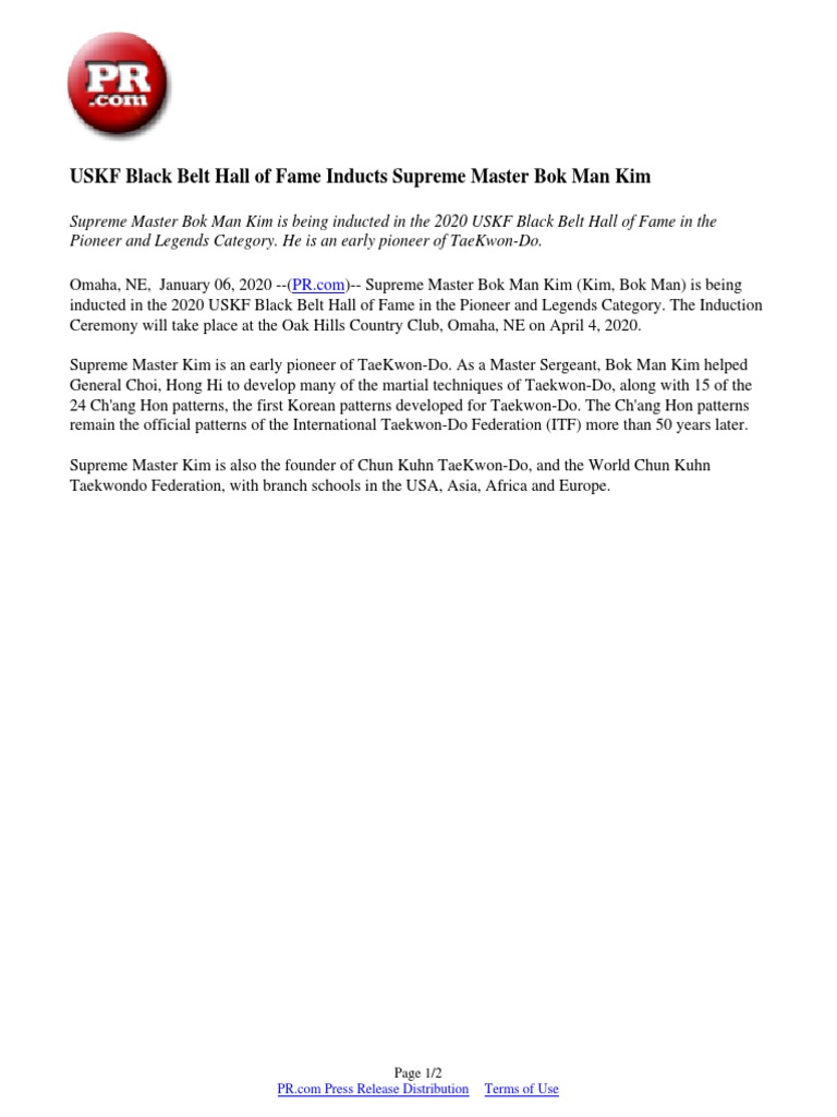 USKF Black Belt Hall of Fame Inducts Supreme Master Bok Man Kim | PDF ...