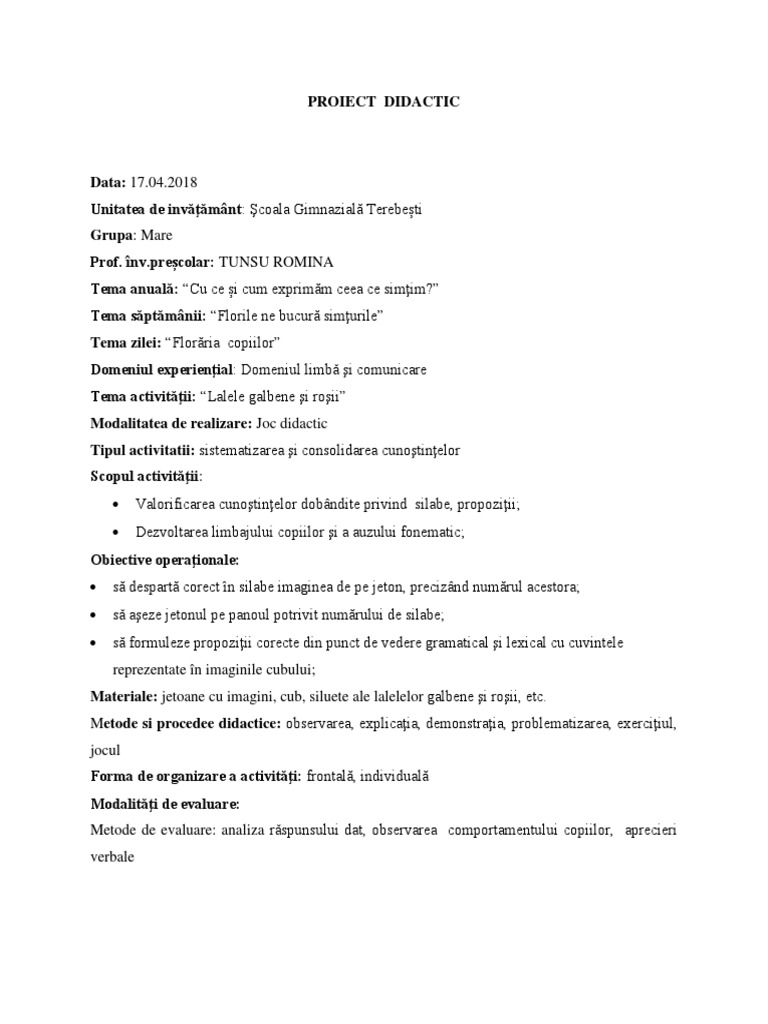 Proiect Didactic Flori de Primavara Joc Didactic DLC | PDF