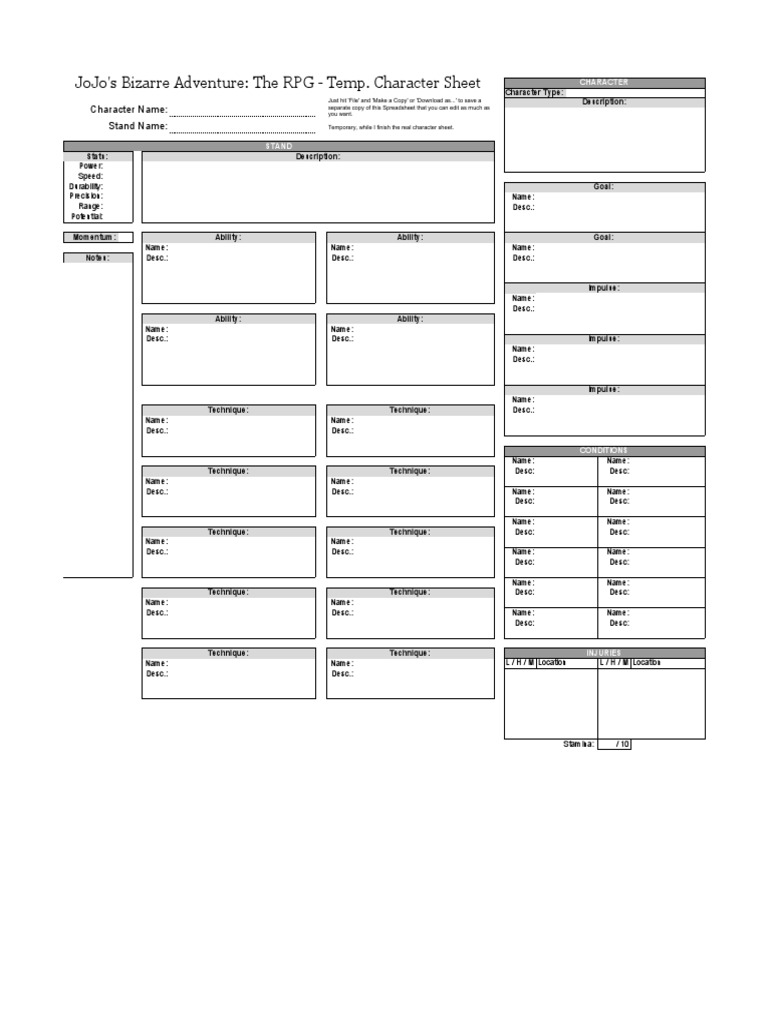 JoJo's Bizarre Adventure - The RPG: Temporary Character Sheet | PDF ...