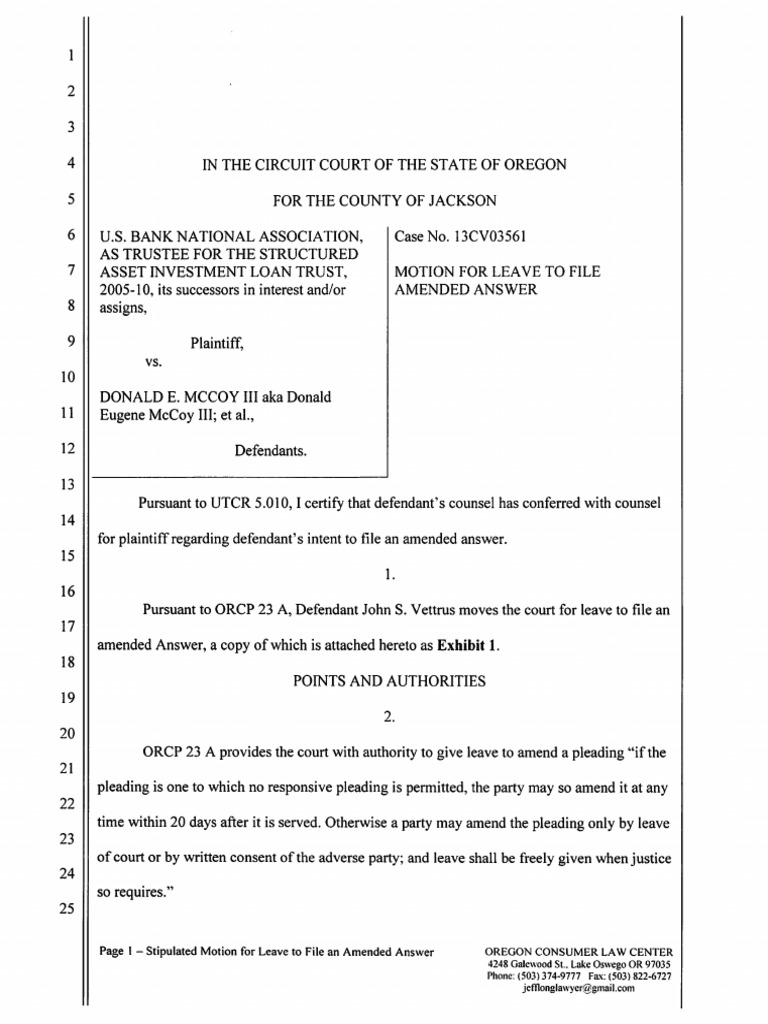 Motion For Leave To File An Amended Answer | PDF | Affirmative Defense ...