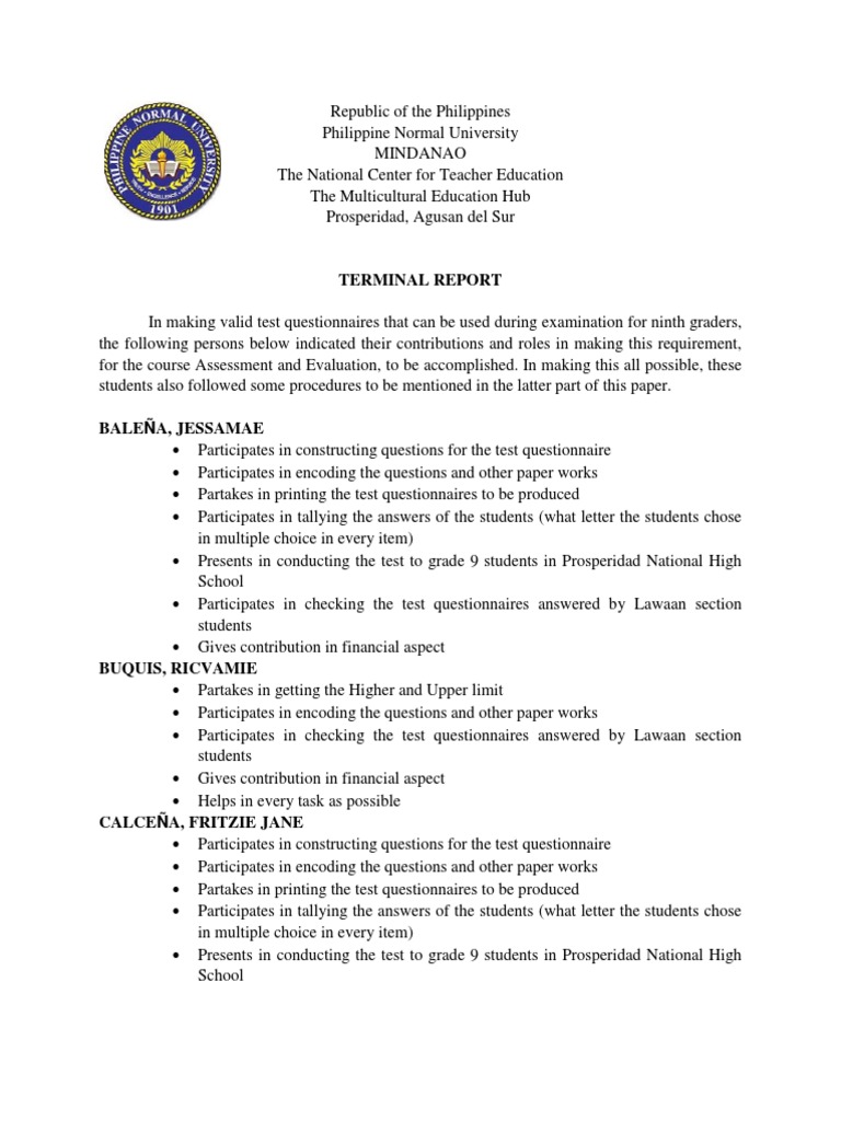 Terminal Report | PDF | Multiple Choice | Questionnaire