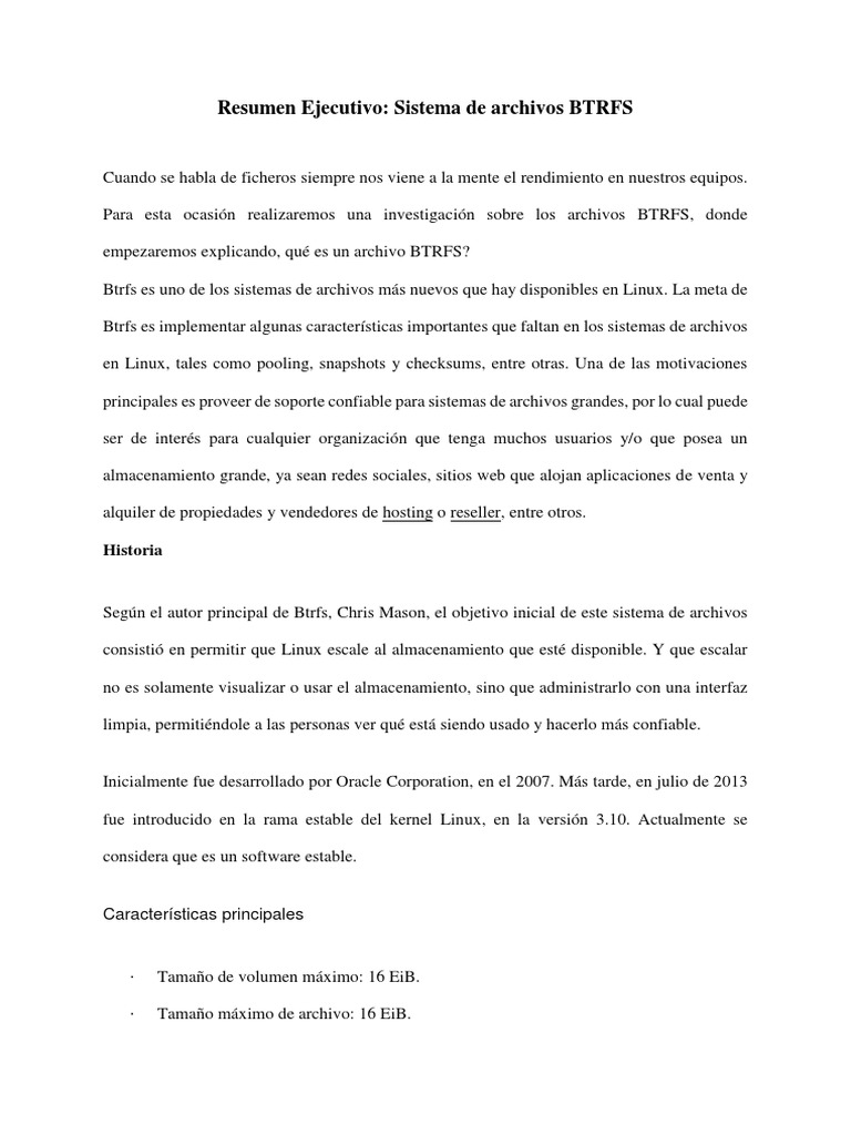 Resumen Ejecutivo - Sistema de Archivos BTRFS | PDF | Archivo de computadora | Sistema de archivos