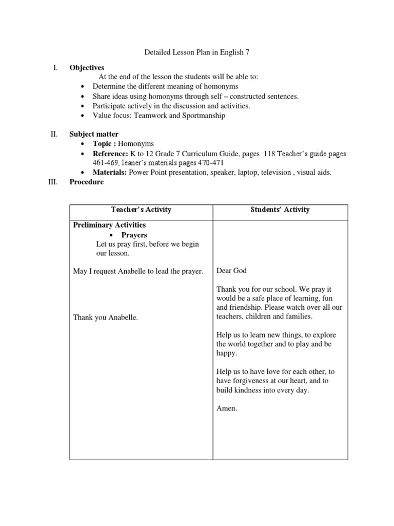 Detailed Lesson Plan For Final Demo | PDF | Pitcher | Lesson Plan