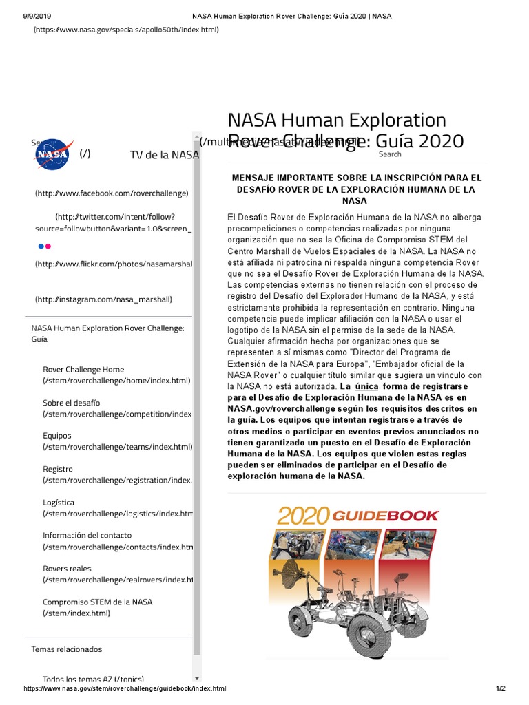 NASA Human Exploration Rover Challenge - Guía 2020 - NASA | PDF | Nasa ...