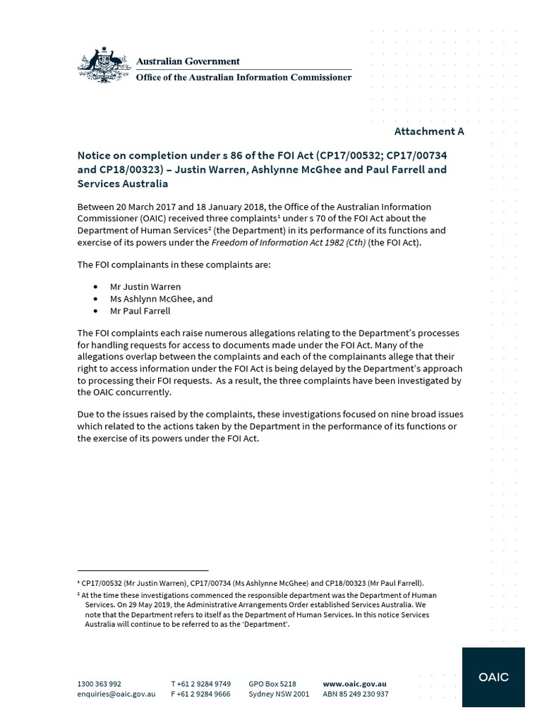 S 86 Notice - Attachment A - DHS FOI Complaints - CP1700532 - CP1700734 ...