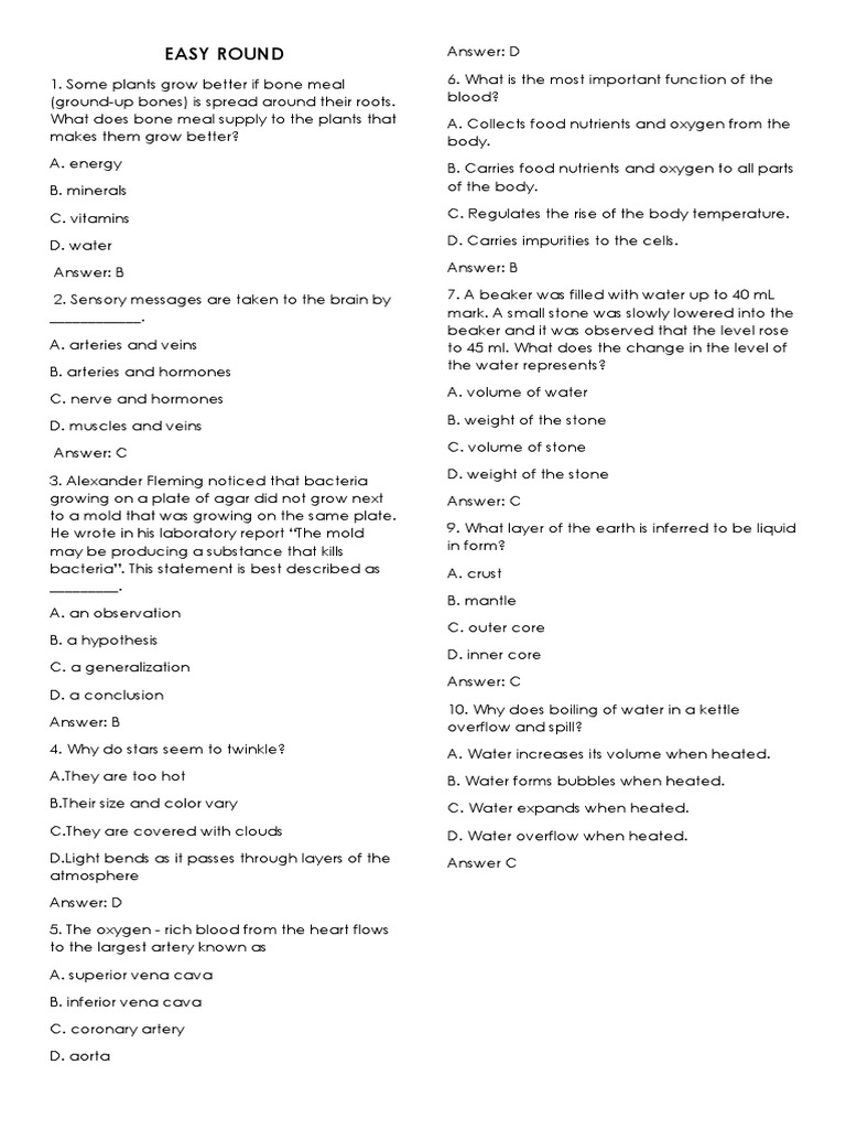 Science Quiz Bowl | PDF | Vein | Heart