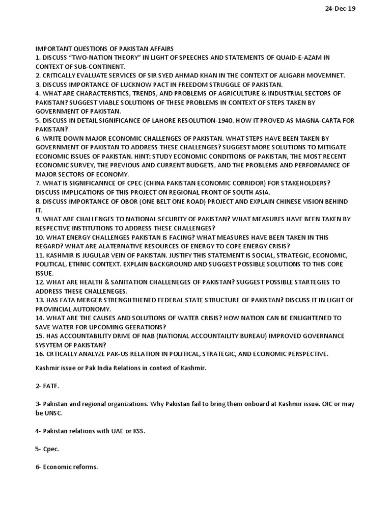 Important Questions of Pakistan Affairs | PDF | Pakistan | National ...