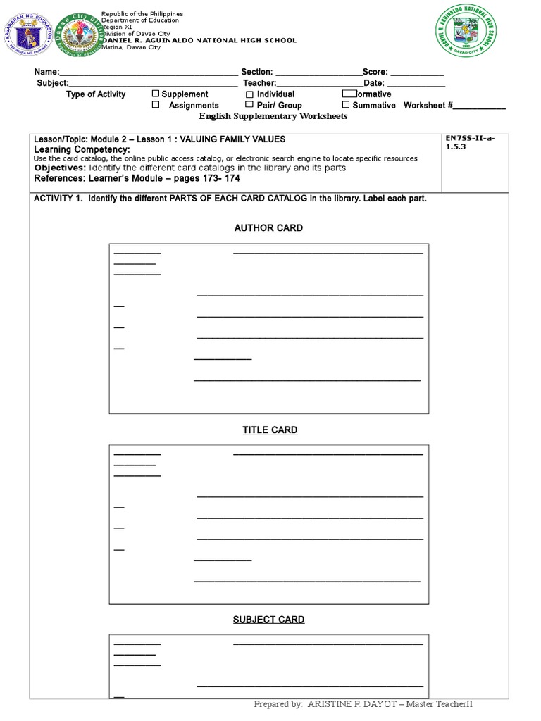 Q2 - Lesson 1 - Worksheet 3 - Card Catalog | PDF | Communication ...