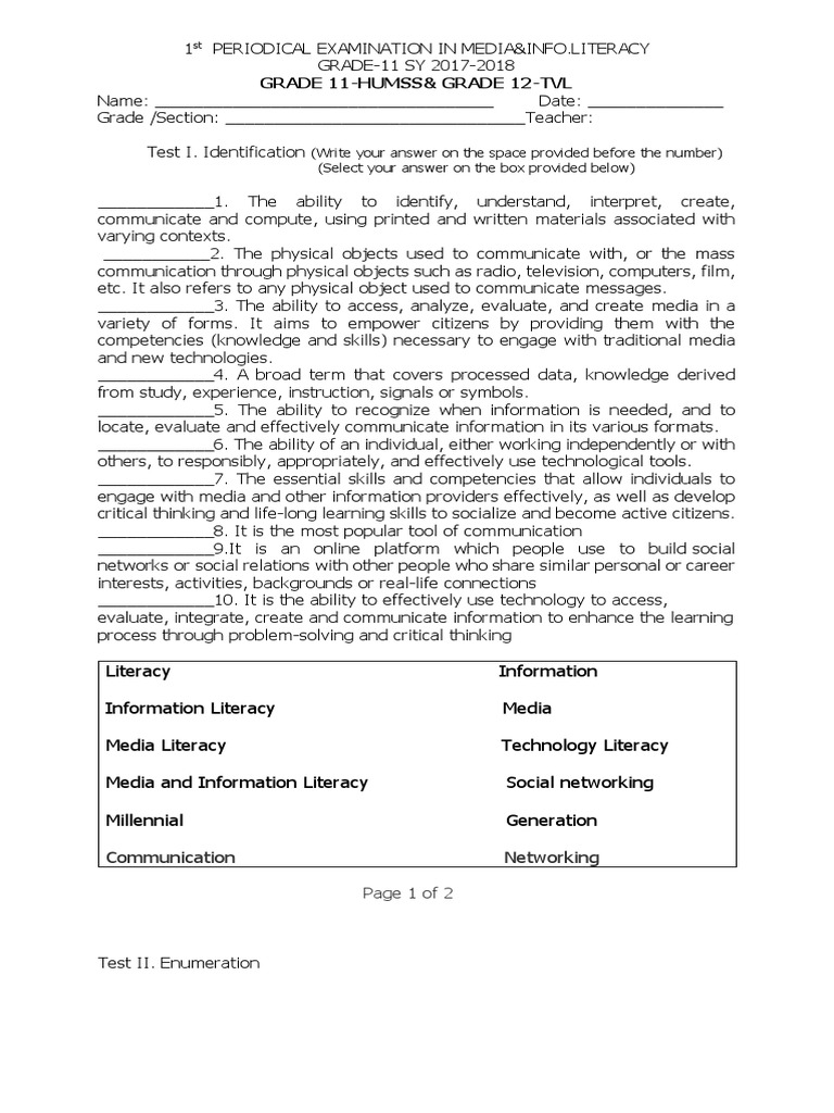 1st Grading Exam in MIL | PDF | Information Literacy | Mass Media