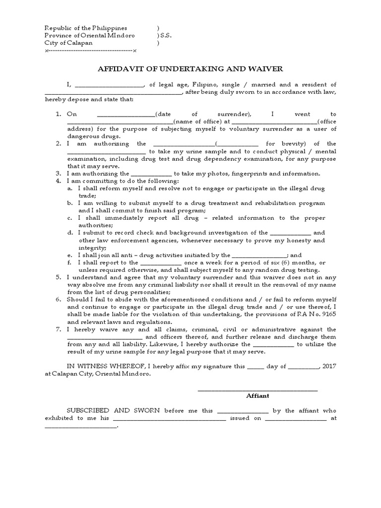 Affidavit of Undertaking and Waiver | Download Free PDF | Waiver | Affidavit