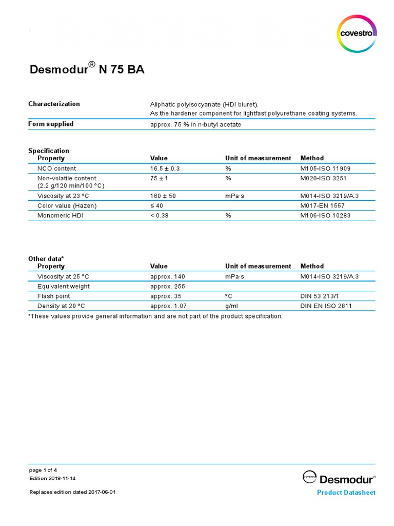 Desmodur N 75 BA | PDF | Polyurethane | Specification (Technical Standard)