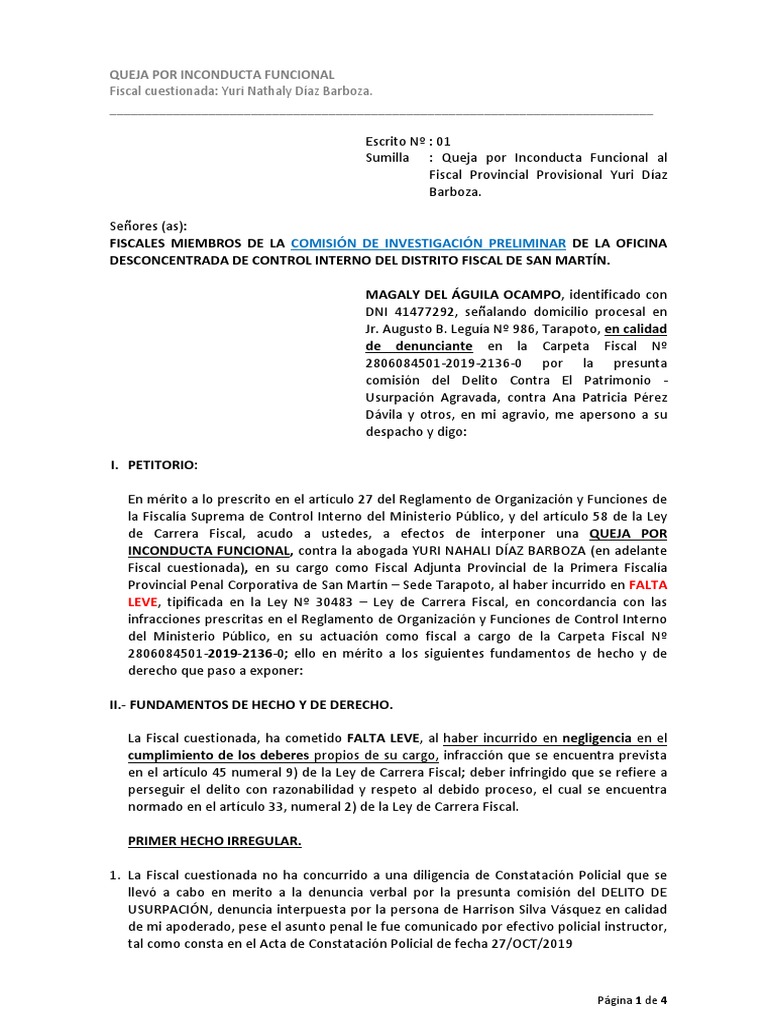 1r Escrito. - Queja de Parte Por Inconducta Funcional | PDF | Fiscal | Debido al proceso