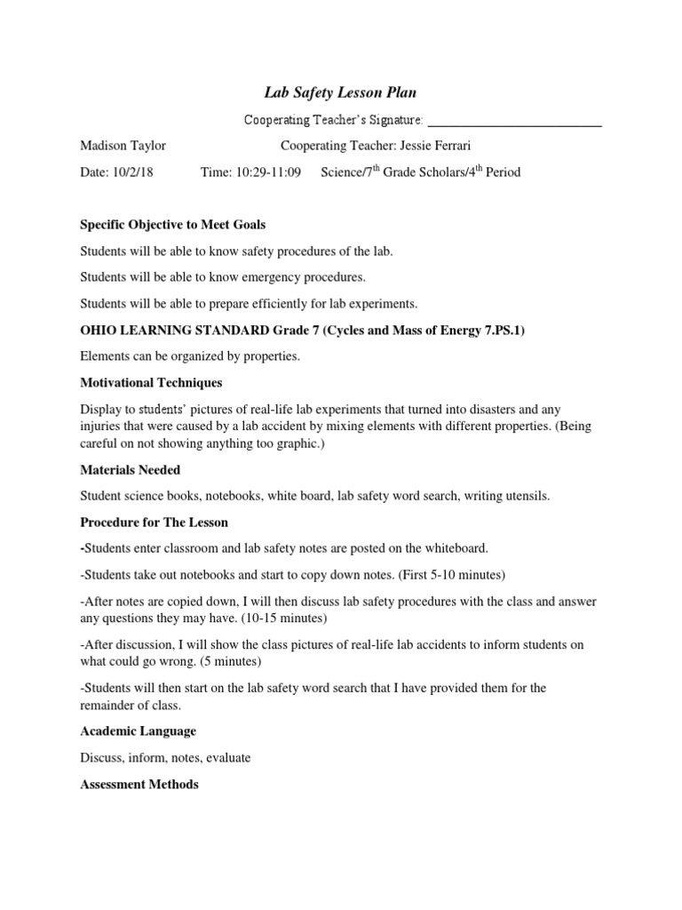 Field Lab Safety Lesson Plan | PDF | Lesson Plan | Teaching