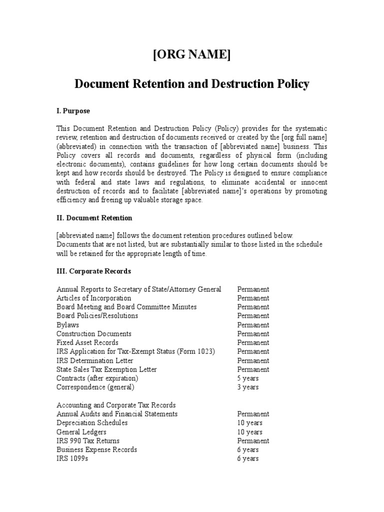 Sample Document Retention and Destruction Policy | PDF | Payroll Tax ...