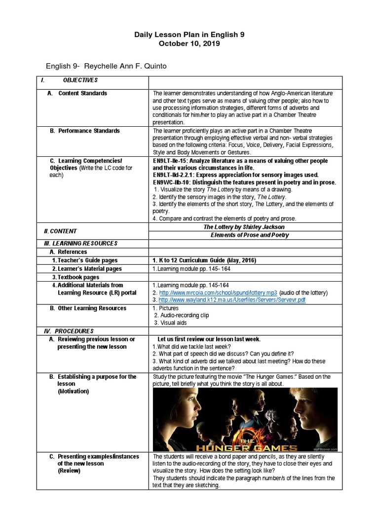 Lesson Plan for "The Lottery" in 9th Grade | PDF | Poetry | Lesson Plan