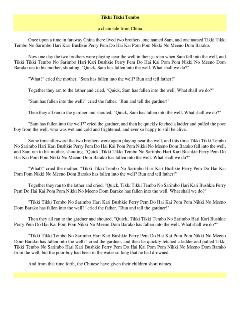 Tikki Tikki Tembo | PDF | Illustration | Children's Media