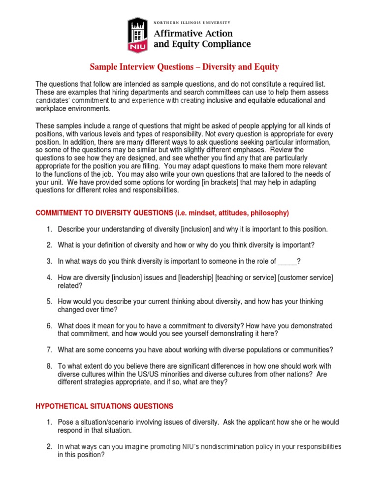 Sample Interview Questions Diversity and Equity | PDF | Inclusion ...