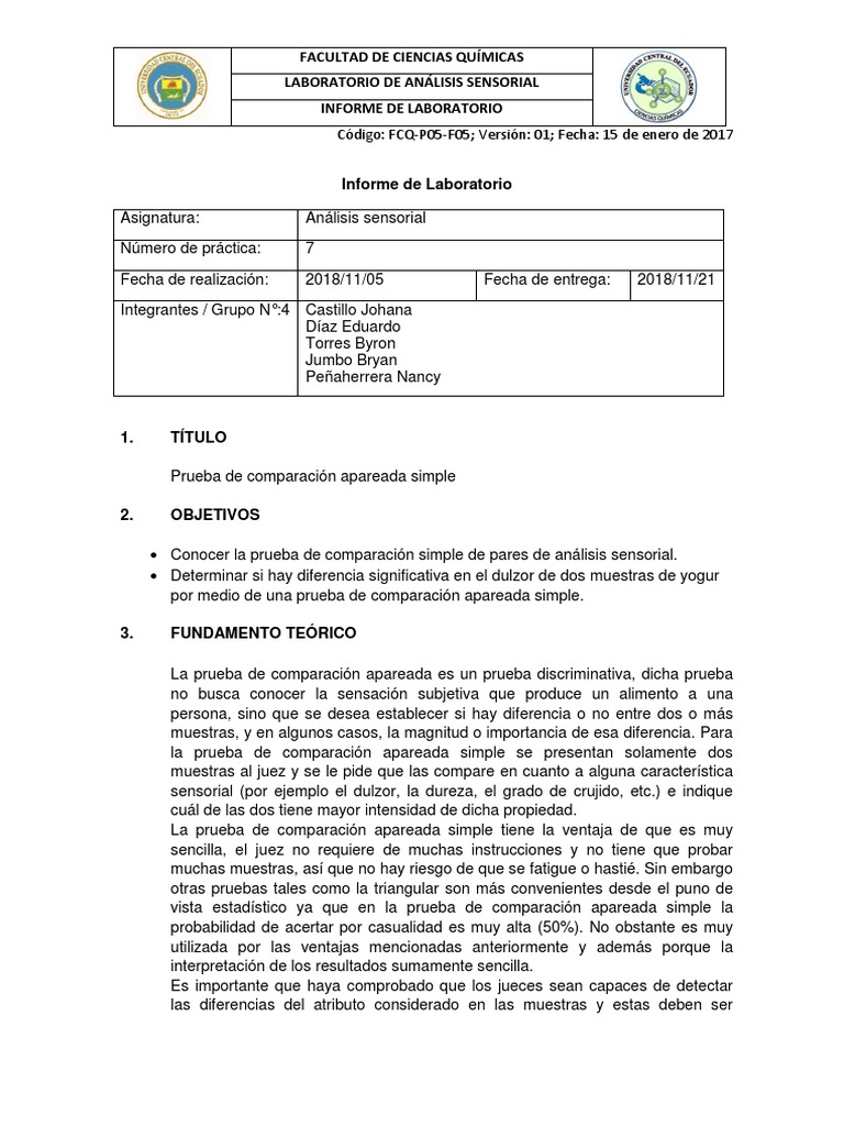 Informe 7 - Prueba de Comparación Apareada Simple | PDF | Laboratorios ...
