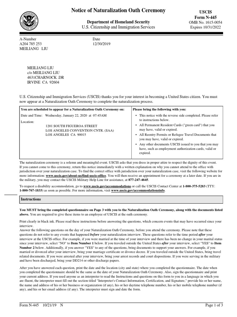 Notice of Naturalization Oath Ceremony Form N-445 | PDF | Office Of ...