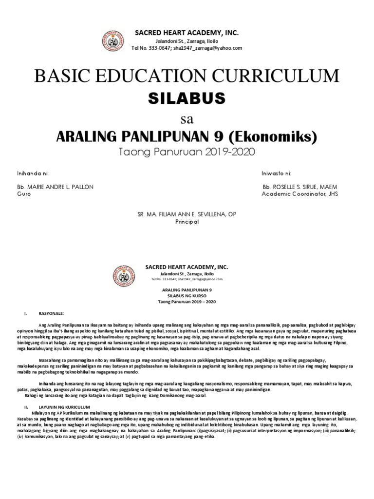GRADE 9 AP - EKONOMIKS Syllabus 2019-2020 | PDF