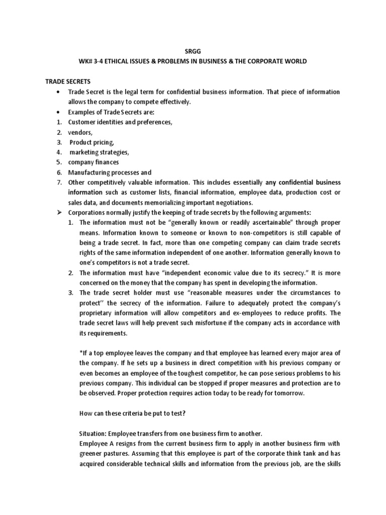 Ethical Issues in Trade Secrets and Disclosure | PDF | Trade Secret ...
