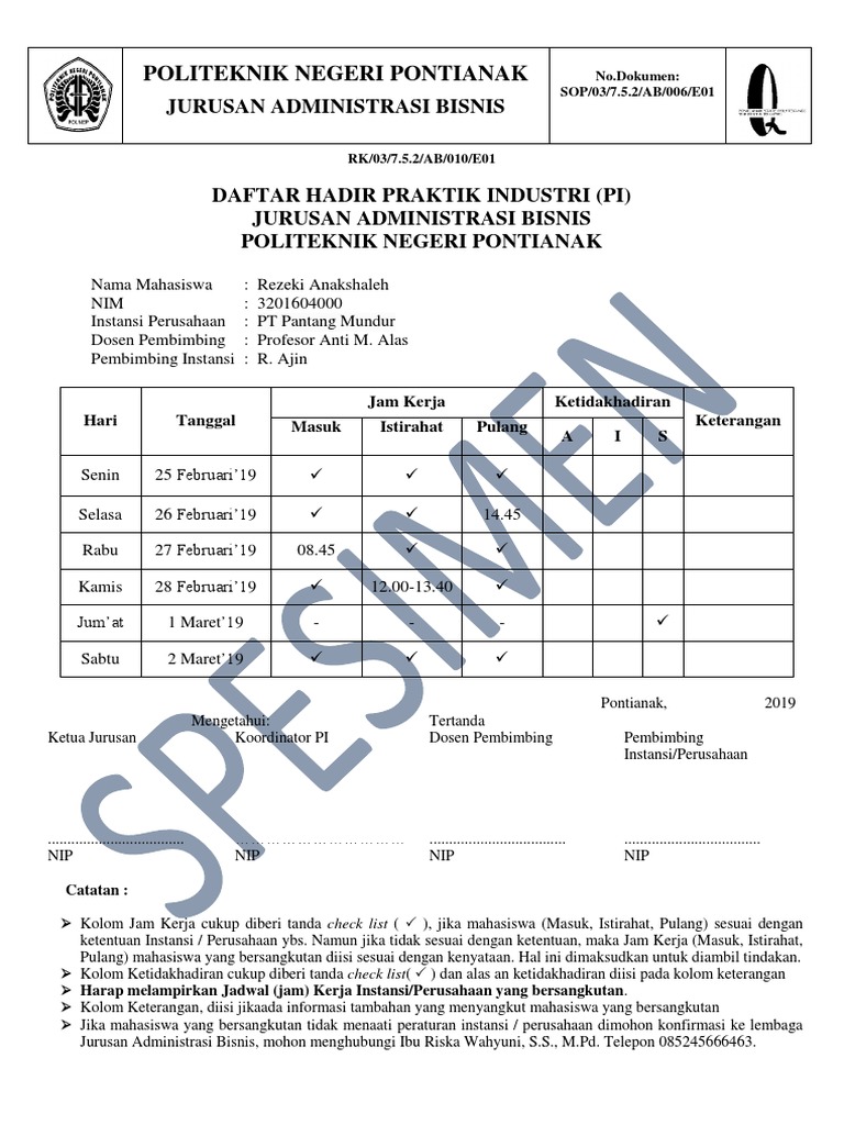 ABSENSI MAGANG PRAKTEK INDUSTRI Contoh | PDF