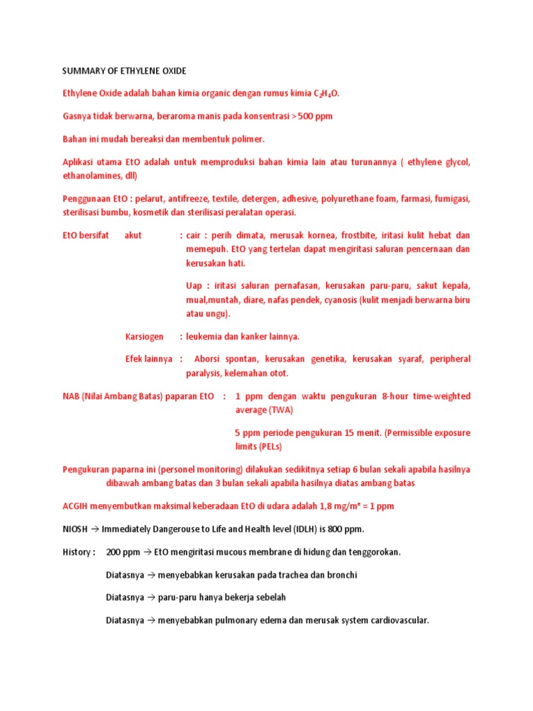 Summary of Ethylene Oxide | PDF