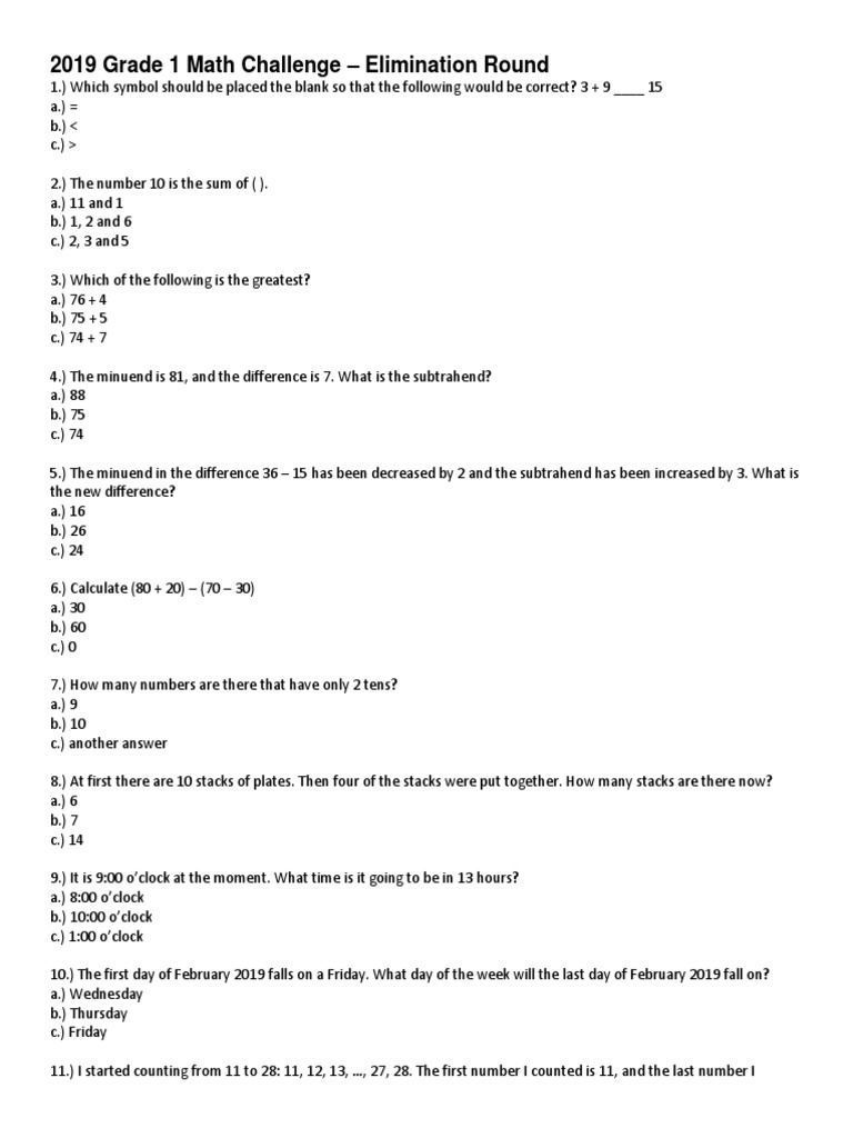 2019 Grade 1 Math Challenge | PDF | Subtraction | Number Theory