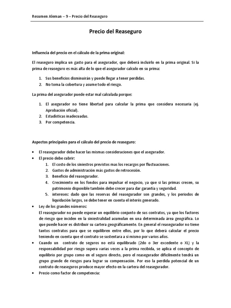 Resumen Aleman 9 Cap 5 Precio Del Reaseguro Pdf Reaseguro 5938