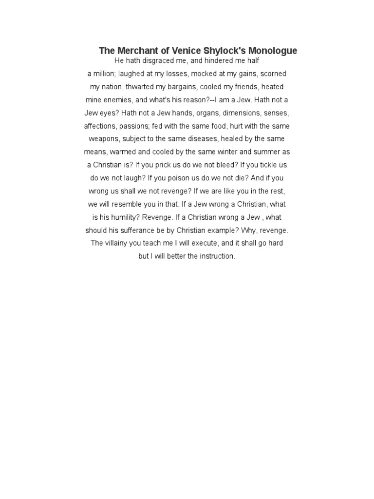 The Merchant of Venice Shylock's Monologue | PDF