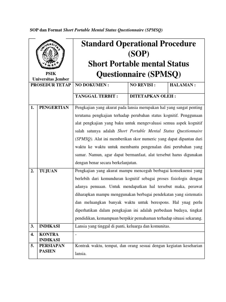 SOP SPMSQ untuk Pengkajian Lansia | PDF | Pengembangan Diri