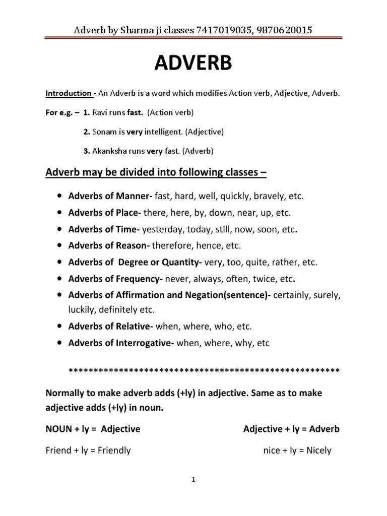 ADVERB Sharma Ji Classes PDF | PDF | Adverb | Adjective