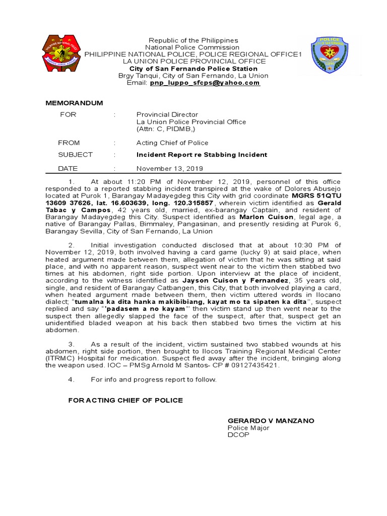 Spot Report Re Stabbing Incident | PDF | Law Enforcement | Crime & Violence Spot Report Re Stabbing Incident | PDF | Law Enforcement | Crime & Violence