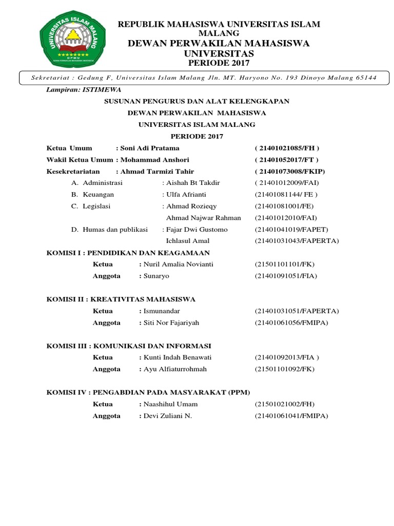 Susunan Pengurus Dan Alat Kelengkapan Dpmu 2017 | PDF