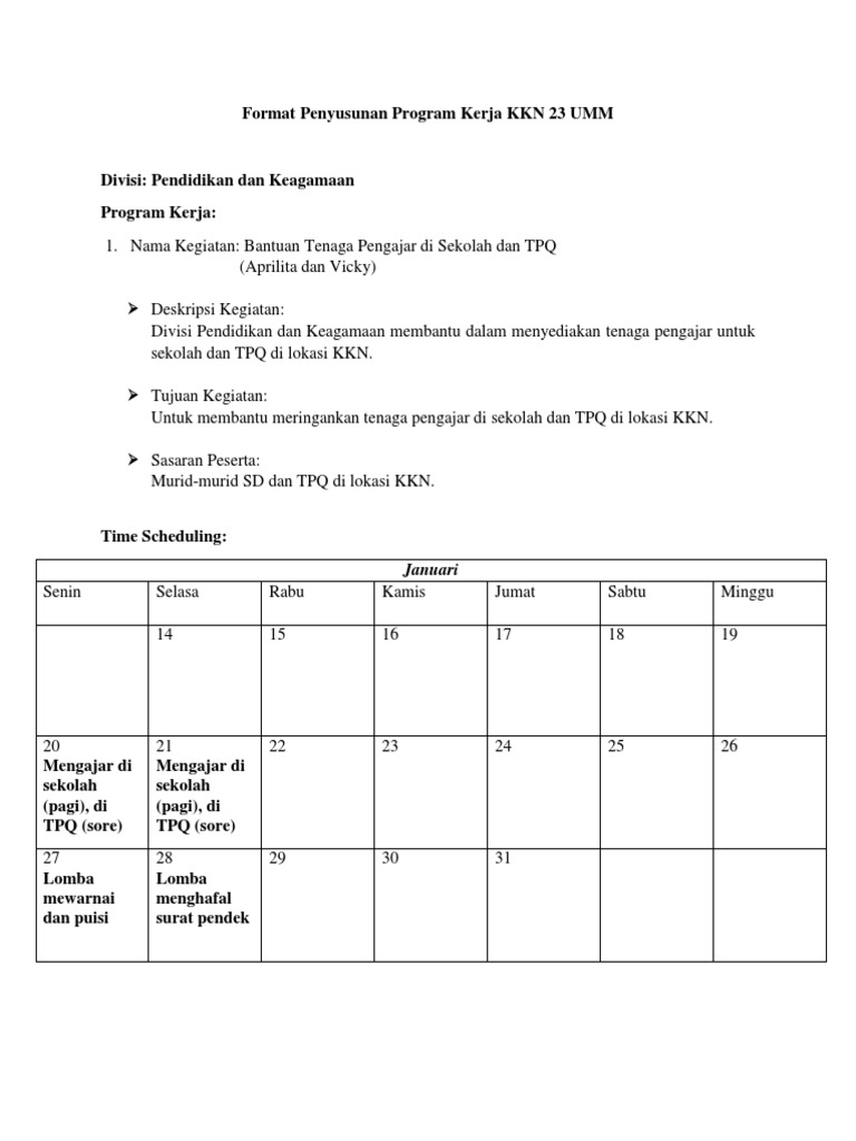 Program Kerja Divisi Pendidikan Dan Keagamaan KKN23 | PDF