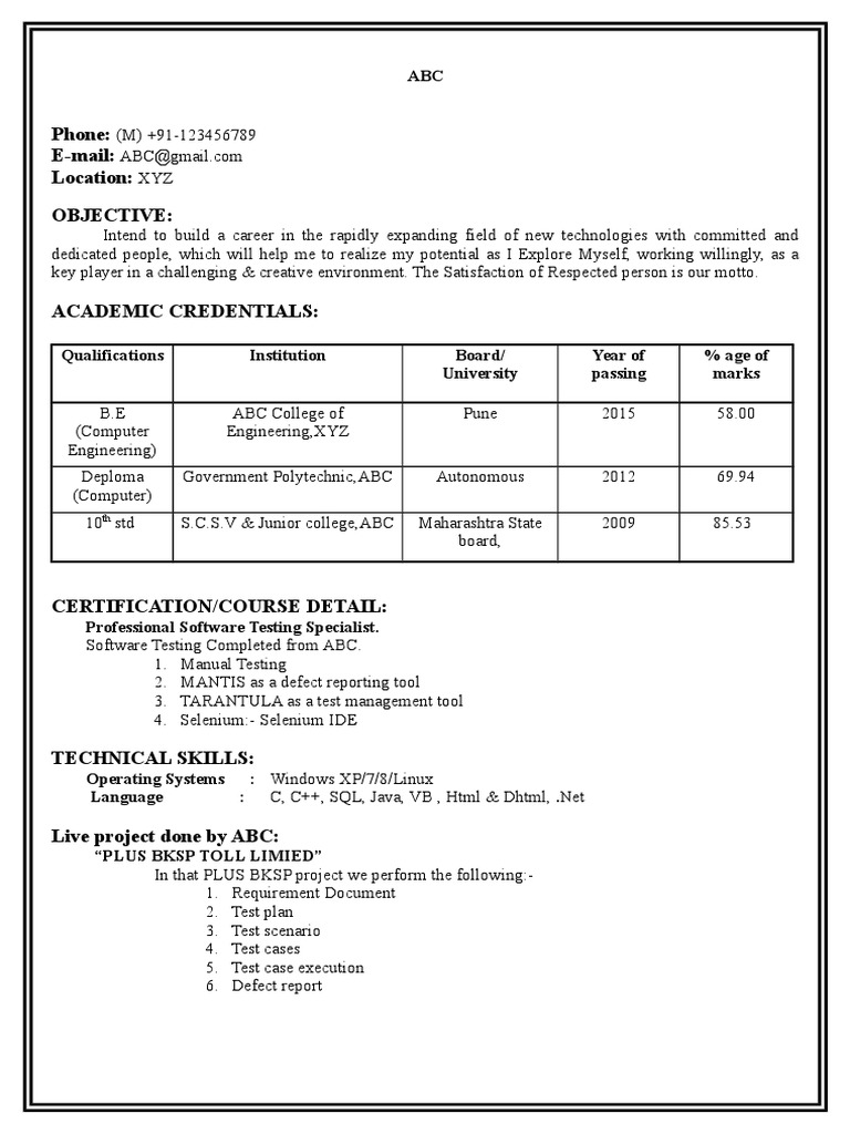 Manual Testing Fresher Resume 4 | PDF | Service Level Agreement | Cloud ...