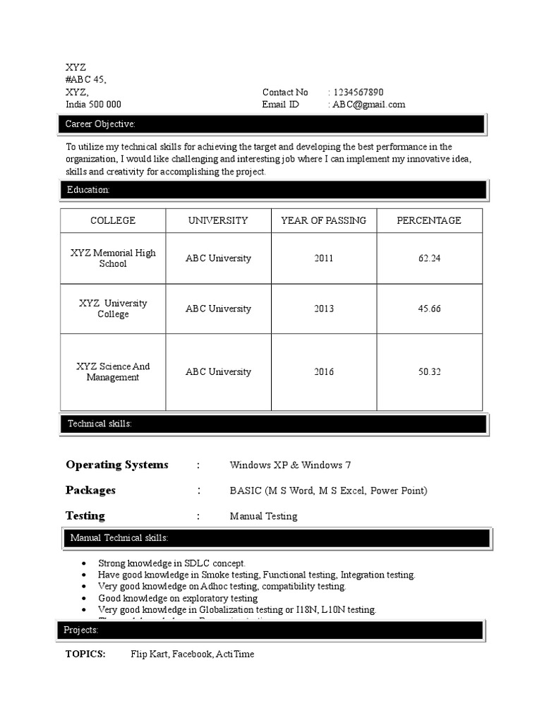 Manual Testing Fresher Resume 1 | PDF | Databases | Microsoft Windows
