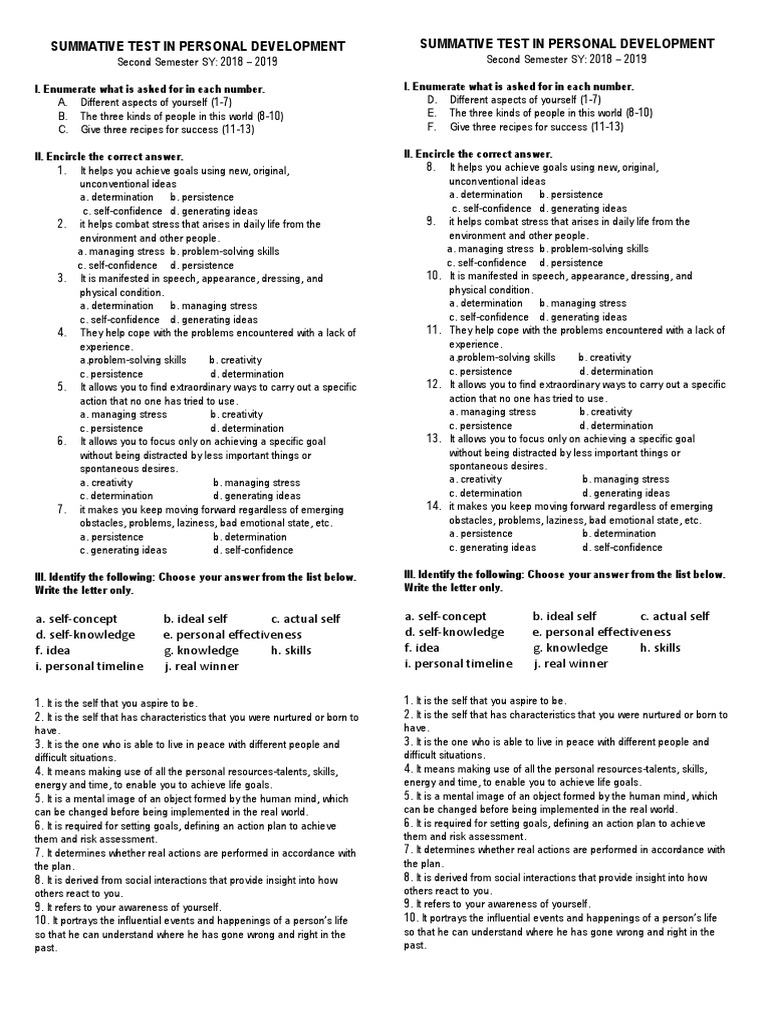 Personal Development Summative Test Q1 | PDF | Goal | Self